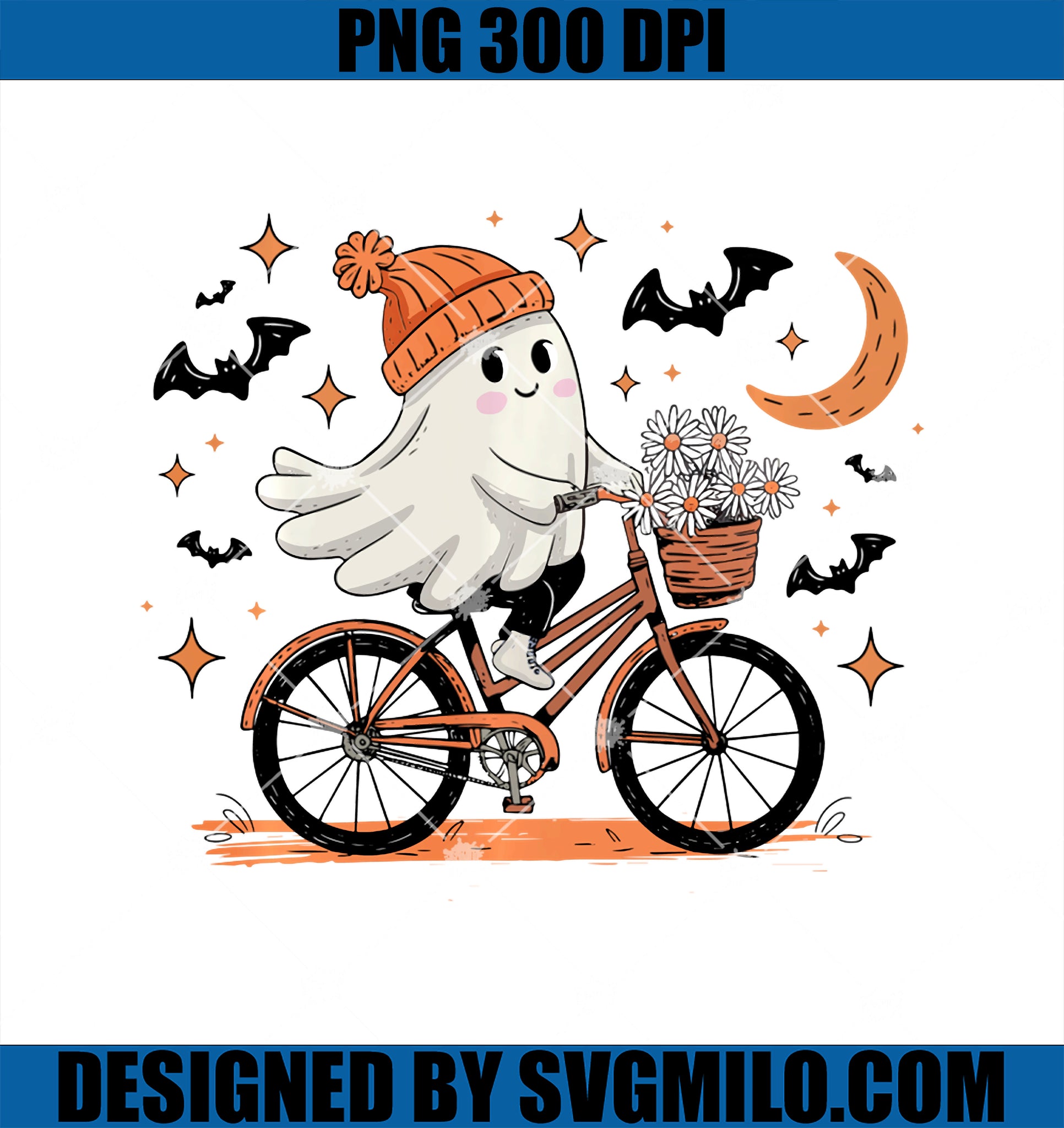 Cute Ghost Riding a Bike with Flowers PNG, Funny Halloween PNG