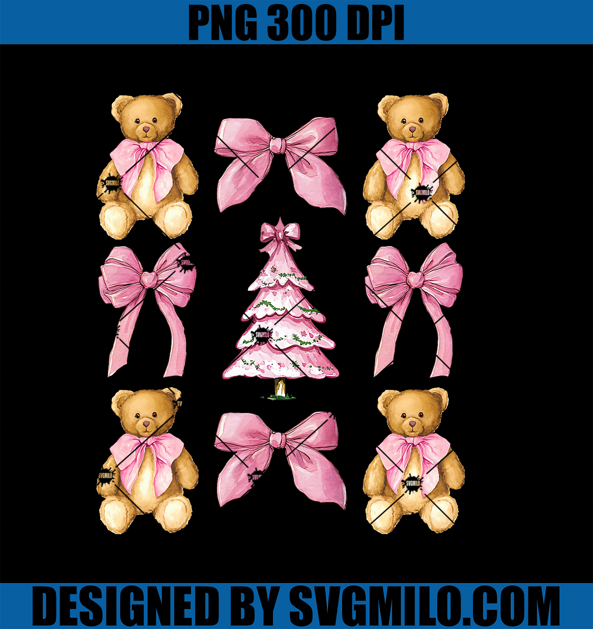 Cute Preppy Christmas Tree Teddy Bear Pink PNG, Bow Girly Xmas PNG