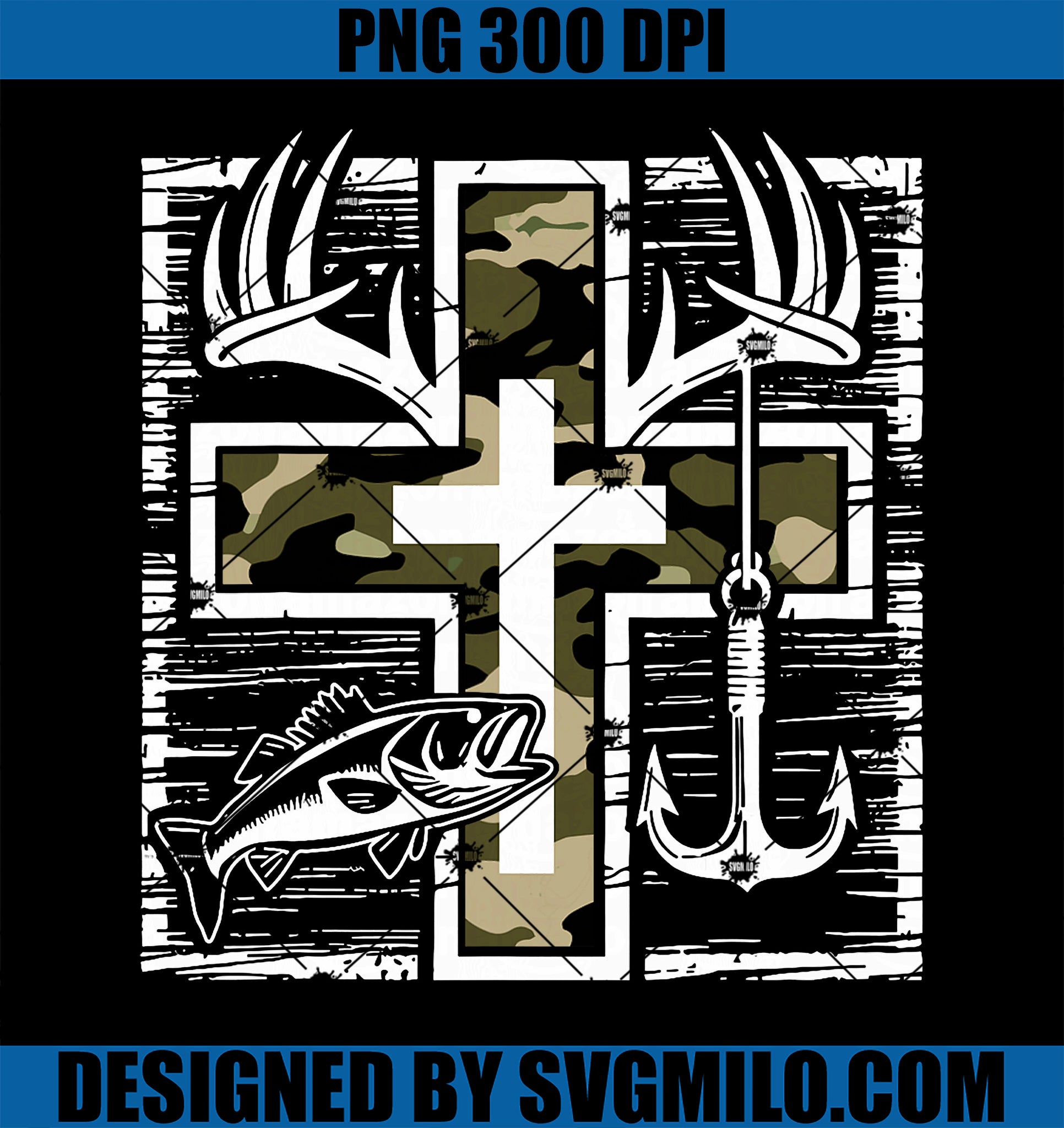 Faith Fishing Hunting Camo Cross PNG, With Hook Bass Christian PNG