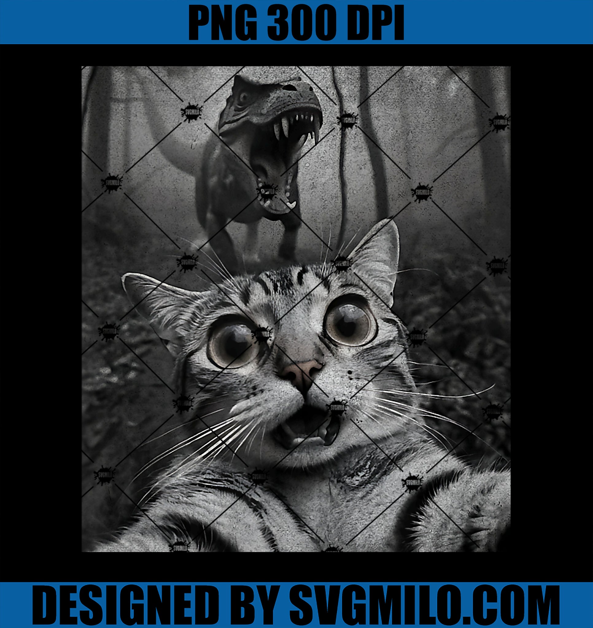 Funny Cat Dinosaur Selfie PNG, Scared Cat T-Rex Chase Meme PNG
