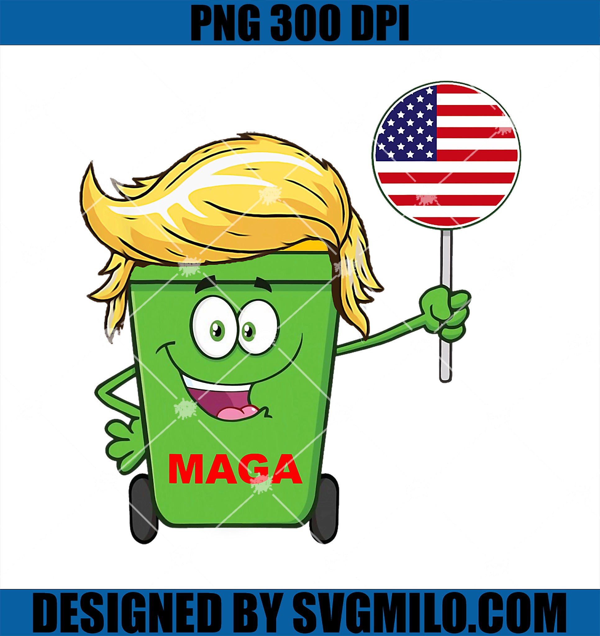 Funny Trump MAGA Cartoon Garbage Can American Flag PNG