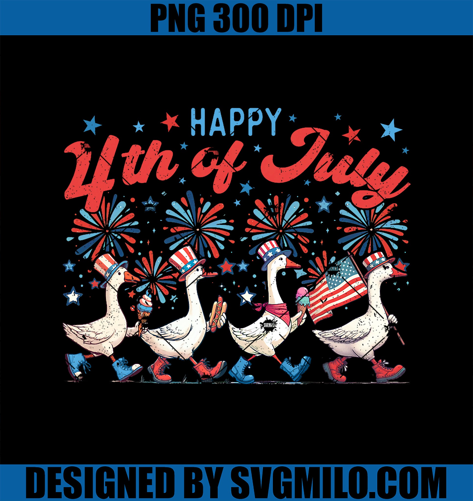 Happy 4th Of July Goose America USA Flag PNG, Hotdog Fireworks PNG