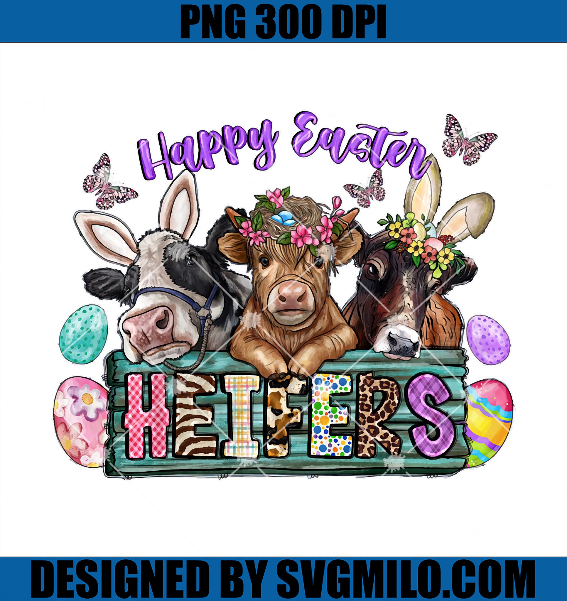 Happy Easter Day Heifers PNG, Funny Cow Bunny Easter Day Farm PNG