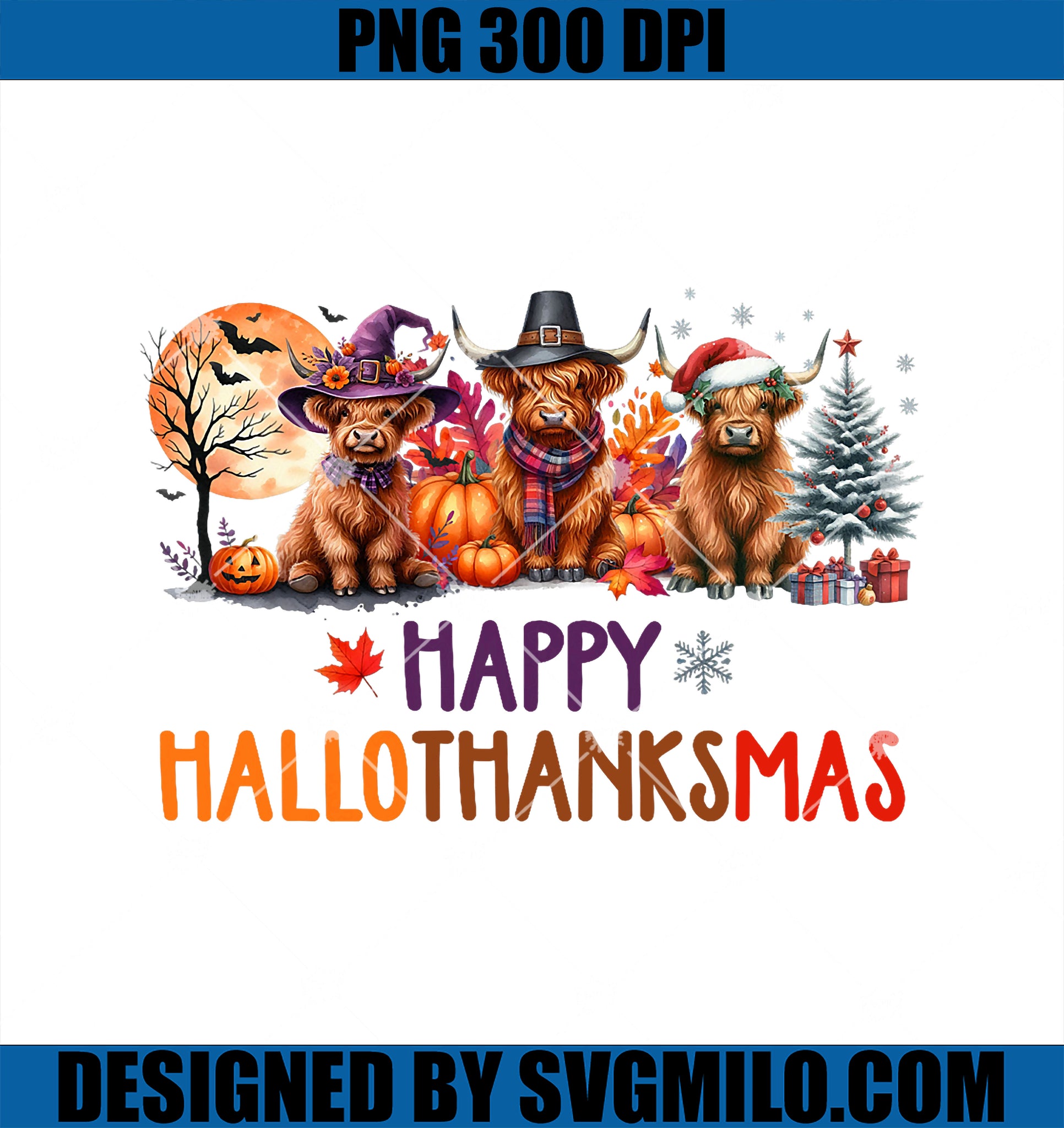 Highland Cow Halloween Christmas Thanksgiving PNG, Cow Hallothanksmas PNG