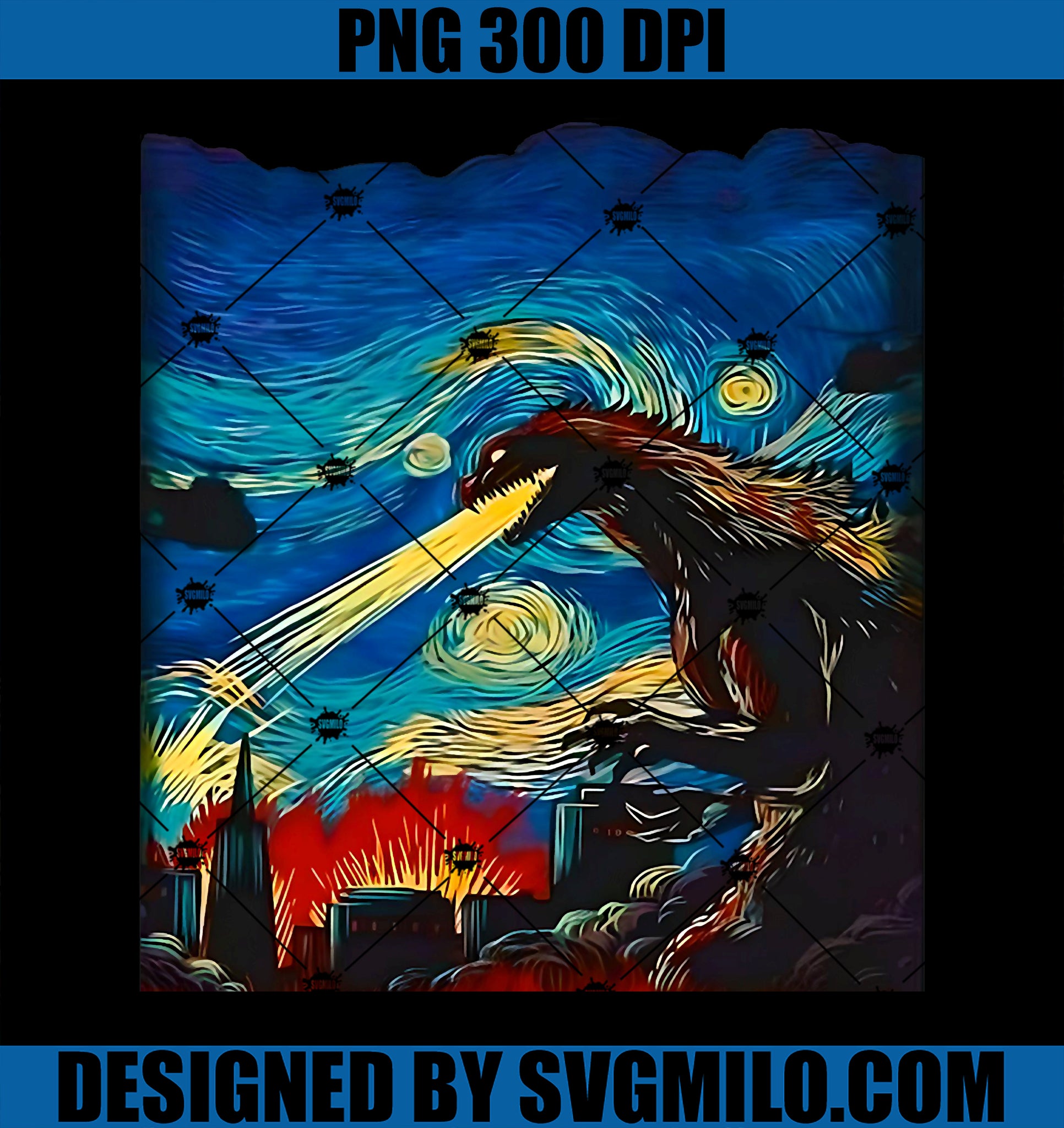 Japanese Monster Kaiju In Van Gogh Starry Night PNG, Funny Art PNG